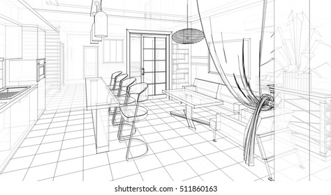 Sketch Perspective Interior Hand Drawn Sketch: เวกเตอร์สต็อก (ปลอดค่า ...