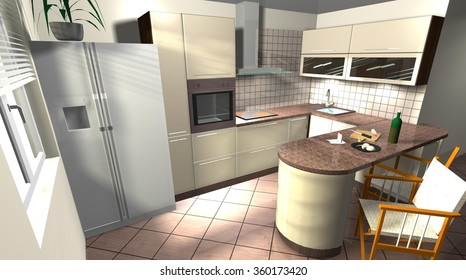 Wireframe Style Kitchen 3d Rendering Interior Stock Illustration 1900720510