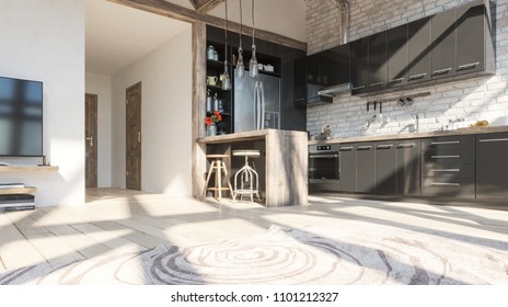 Kitchen Interior Loft Design 3d Illustration Stock Illustration 1101212327