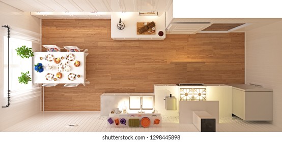 Kitchen Top View 3d Rendering Concept Stock Illustration 1298445898