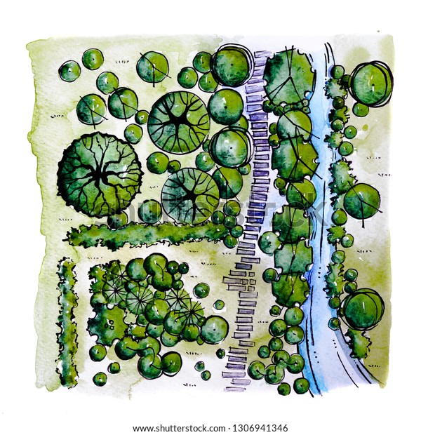 Landscape Architect Plan Design By Watercolor Stock Illustration 1306941346