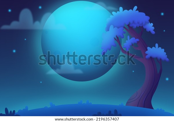 Landscape Moon Clouds Tree Digital Illustration Stock Illustration ...