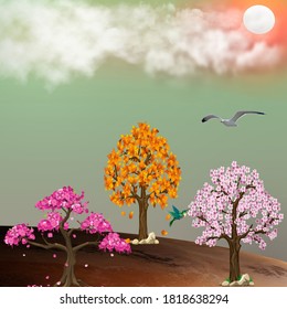 Landscape Tree Sun Birds Clouds Stock Illustration 1818638294 ...