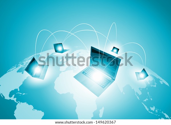 Laptops Against World Map Background Connection Stock Illustration ...
