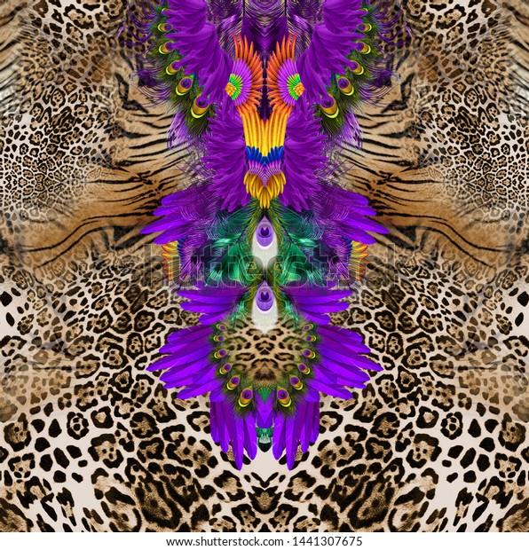 Leopard Feathers Pattern Caftan Print Stok İllüstrasyon 1441307675