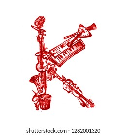 Letter Made Musical Instruments Pencil Drawing Stock Illustration ...
