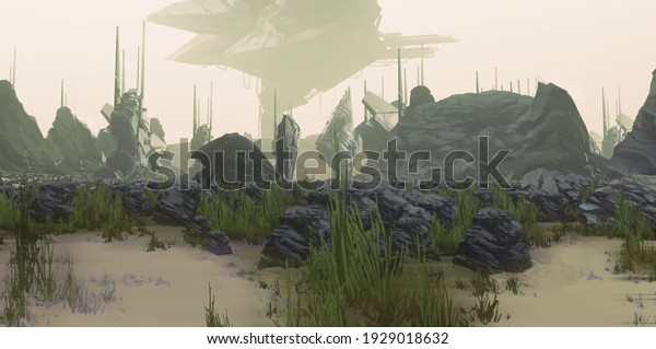 Levitating Structure Futuristic Concept Art Alien Stock Illustration ...