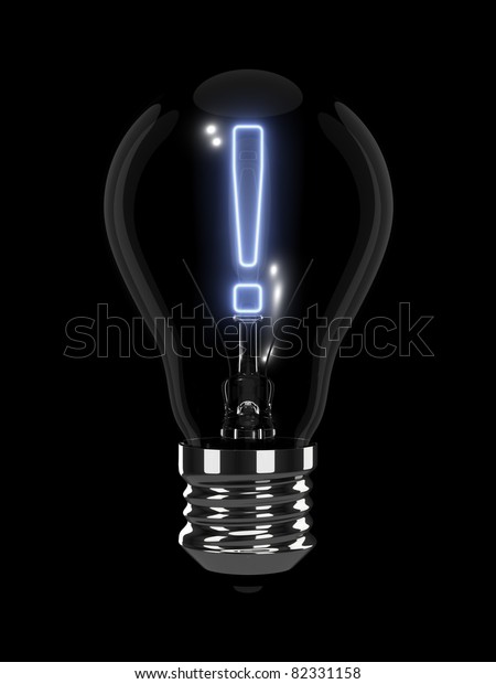 Light bulb with glowing exclamation mark. Isolated on the black background