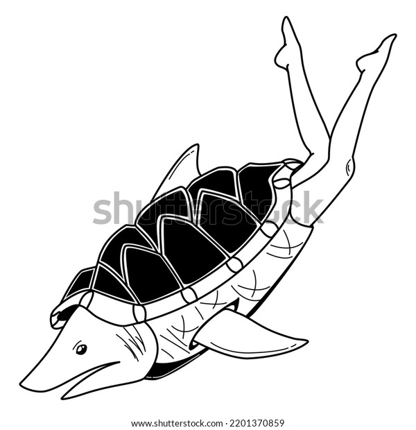 Lineart Combination Shark Turtle Human Diving Stock Illustration ...
