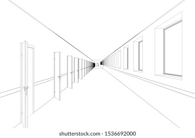 Long Corridor Doors Contour Visualization 3d Stock Illustration ...