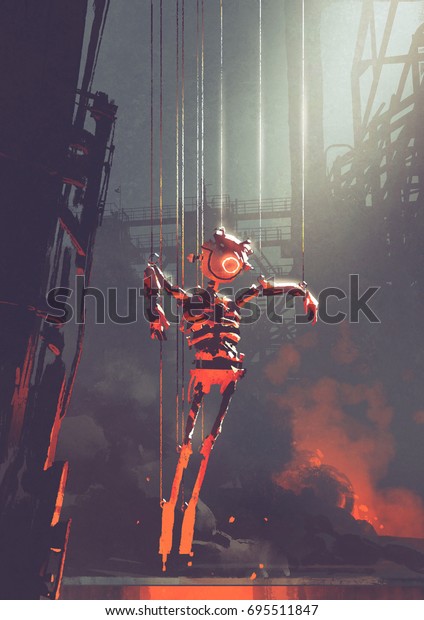 Malfunctioning Robot Puppet Hanging On Strings Stock Illustration ...