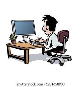 Vektor Stok Man Sitting Working Computer Hand Drawn (Tanpa Royalti ...