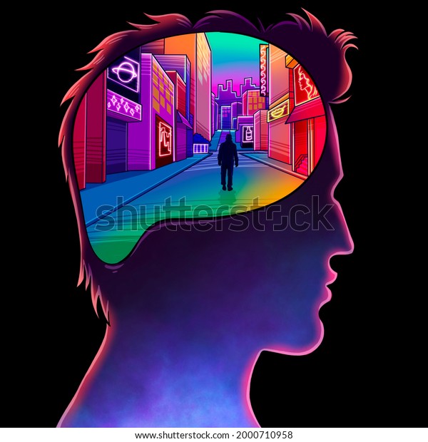 Man Thinking Psychedelic Style Neon Cityscape Stock Illustration ...