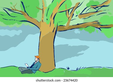 Young Man Sitting Under Tree Using Stok Vektör (Telifsiz) 82411822