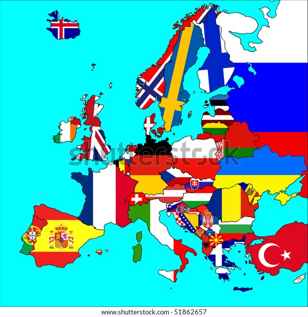 Map Europe All Countries Borders Flags Stock Illustration 51862657
