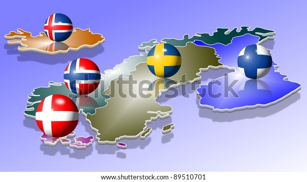 Map Five Scandinavian Countries Their Flags Stock Illustration 89510701
