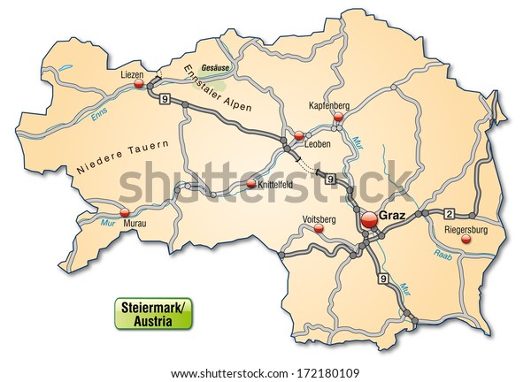 Map Styria Highways Pastel Orange Stock Illustration 172180109 ...
