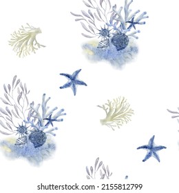 Marine Seamless Pattern Starfish Shells Seaweeds Stock Illustration ...