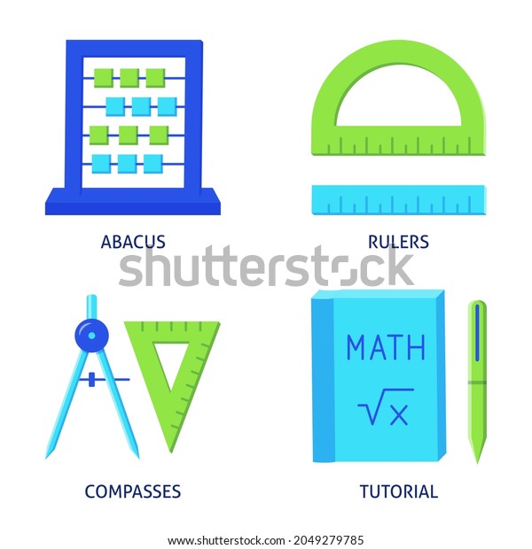 Math instruments icons set in flat style. Protractor and ruler ...
