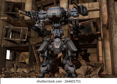 Mech War Robot Front Destroyed Building: ilustrações stock 264601751