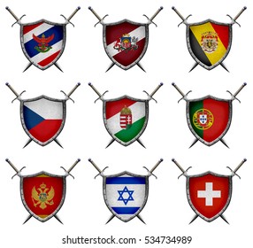 Medieval Shields Swords Countries Flags Stock Illustration 534735001