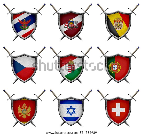 Medieval Shields Swords Countries Flags: ภาพประกอบสต็อก 534734989 ...