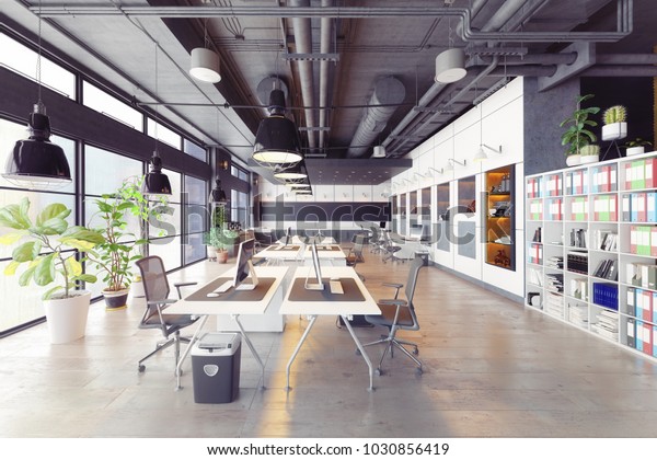 modernes, gemütliches Loft-Büro-Interieur. 3D-Rendering ...