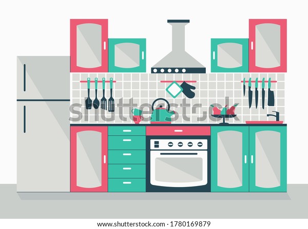 Modern Kitchen Interior Cartoon Flat Illustration Stock Illustration ...
