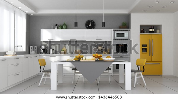 Modern Kitchen Table Set Builtin Yellow: стоковая иллюстрация ...