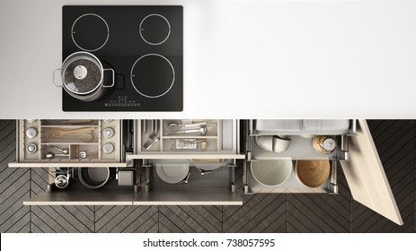 Modern Kitchen Top View Opened Drawers Stock Illustration 738057595 ...