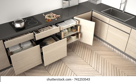 Modern Kitchen Top View Opened Wooden Stock Illustration 740150689