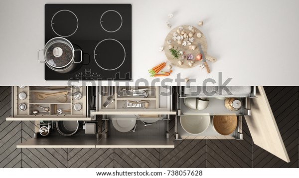 Vue de dessus de cuisine moderne, : illustration de stock 738057628