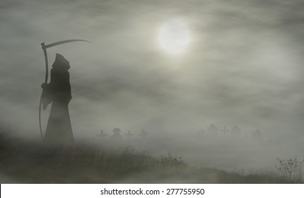 Grimmreaper Standing On Graveyard Scary Night Stock Illustration ...