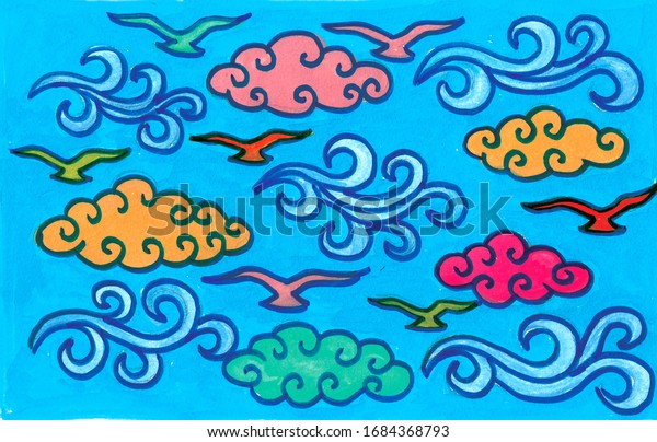 Motifs Wind Clouds Birds Using Color Stock Illustration 1684368793 ...
