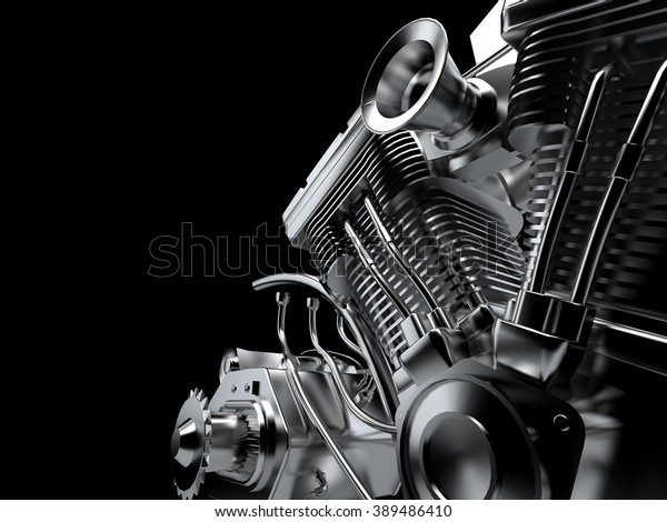 Motorcycle Engine Closeup On Black Background Stock Illustration 389486410