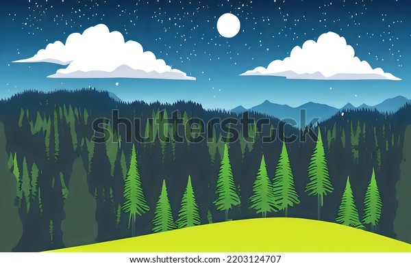Mountains Forest Night Sky Clouds Stars Stock Illustration 2203124707 ...