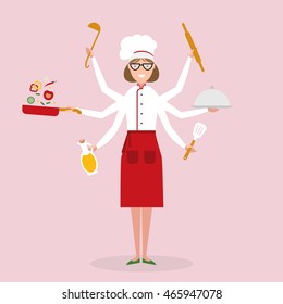 Multitasking Female Chef Six Hands Standing: vector de stock (libre de ...