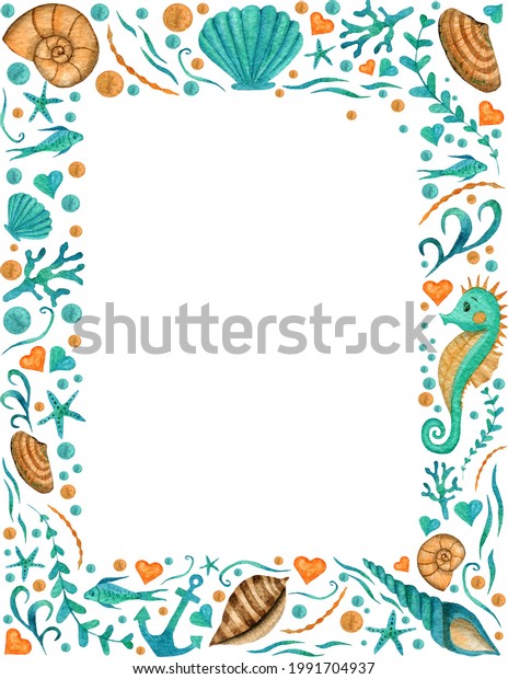 Nautical Beach Rectangle Frame Watercolor Summer Stock Illustration ...