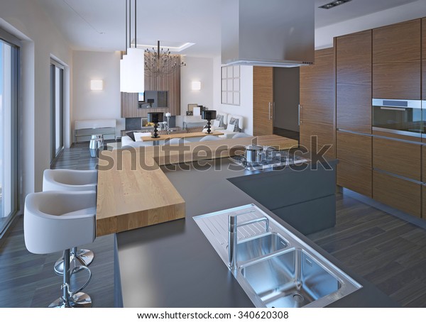 Neoclassical Kitchen Design Bar Mixed Wooden 库存插图 340620308 | Shutterstock