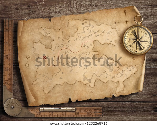 Old Pirates Map Brass Compass Adventure Stock Illustration 1232268916