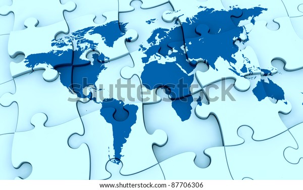 one puzzle made with the world map. the pieces are not all in the right ...