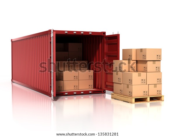 conteneur ouvert avec boîtes en carton : illustration de stock 135831281