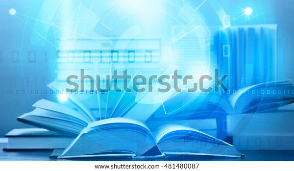 Open Digital Ebook Blue Tech Background Stock Illustration 481480087