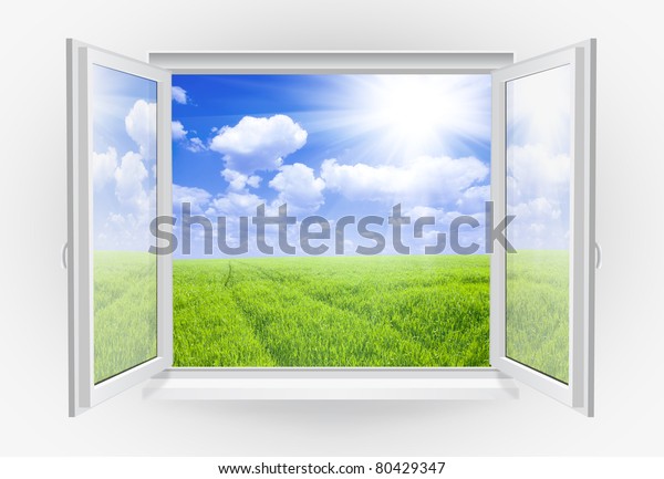 Open Window Green Grass On Background Stock Illustration 80429347