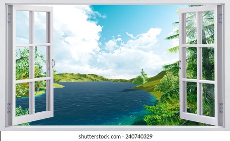 Open Window Overlooking Lake Stock Illustration 240740329 | Shutterstock