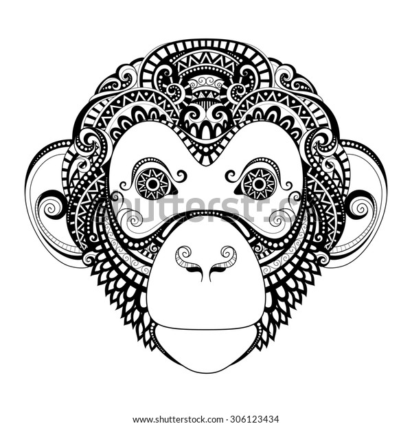 Ornate Monkey Head Patterned Tribal Monochrome Stock Illustration ...