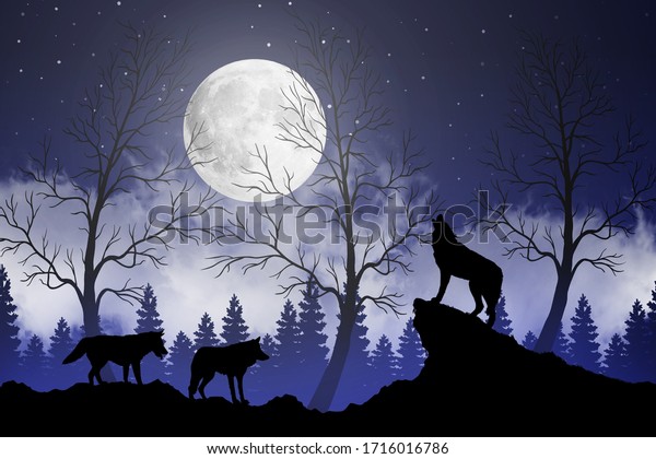 Pack Wolves One Wolf Howling Moon Stock Illustration 1716016786 ...