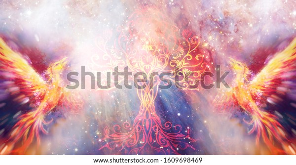 Pair Phoenix Tree Life Space Background Stock Illustration 1609698469 ...