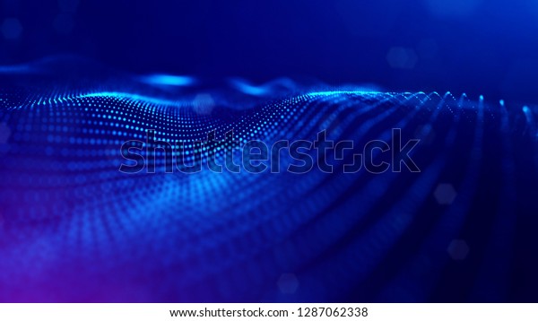 Particles form line and surface grid. 3d rendering. Science fiction ...