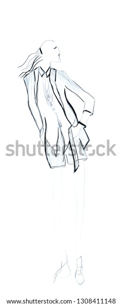 Pencil Fashion Illustration Girl Suit Stock Illustration 1308411148
